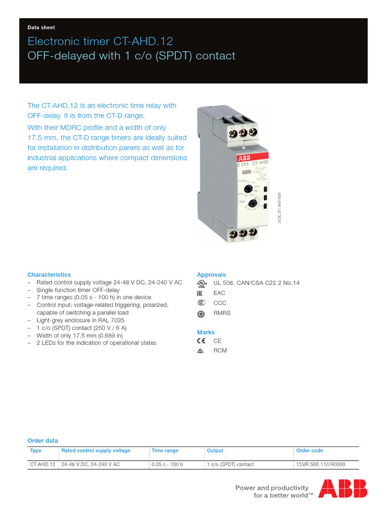OFF-delayed With 1 C/o (SPDT) Contact: Electronic Timer CT-AHD.12 | PDF ...