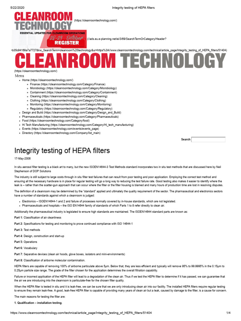HEPA Filter Integrity Testing Guide | PDF