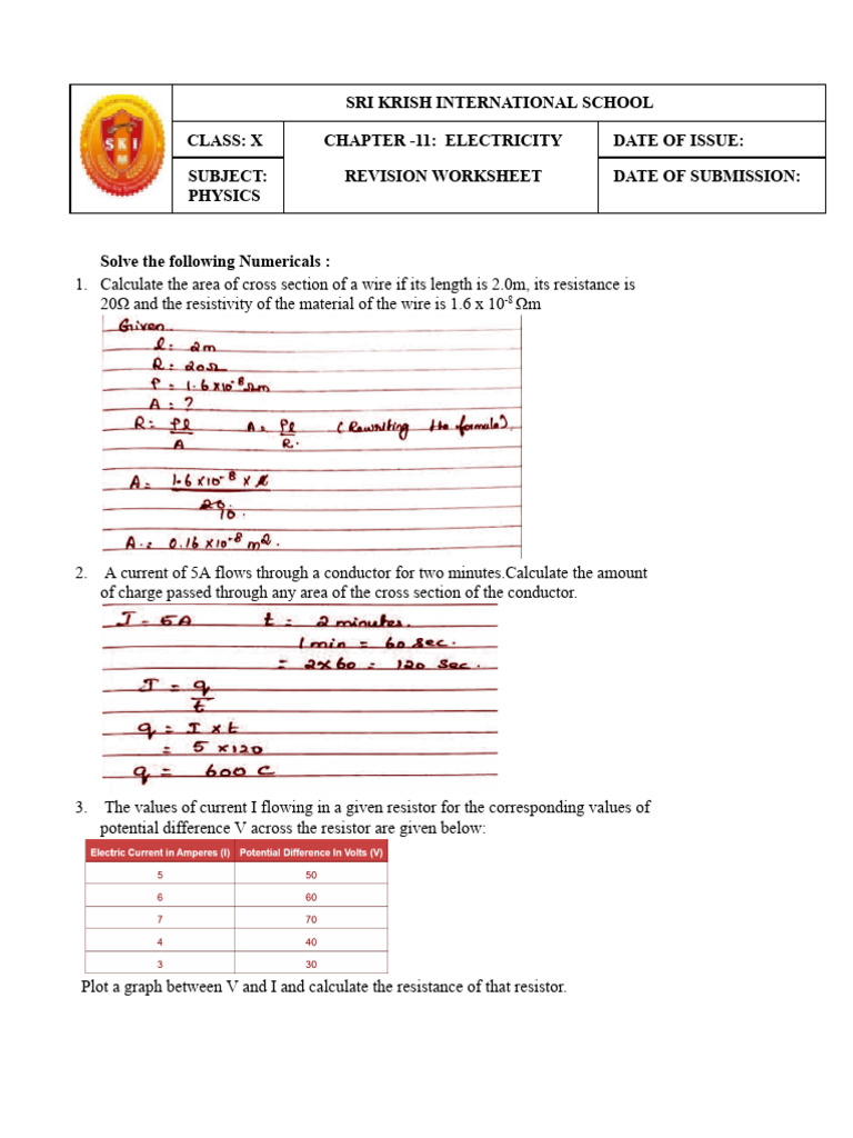 Answer Key 2025-26MR3 Revision Worksheet | PDF | Electrical Resistivity ...
