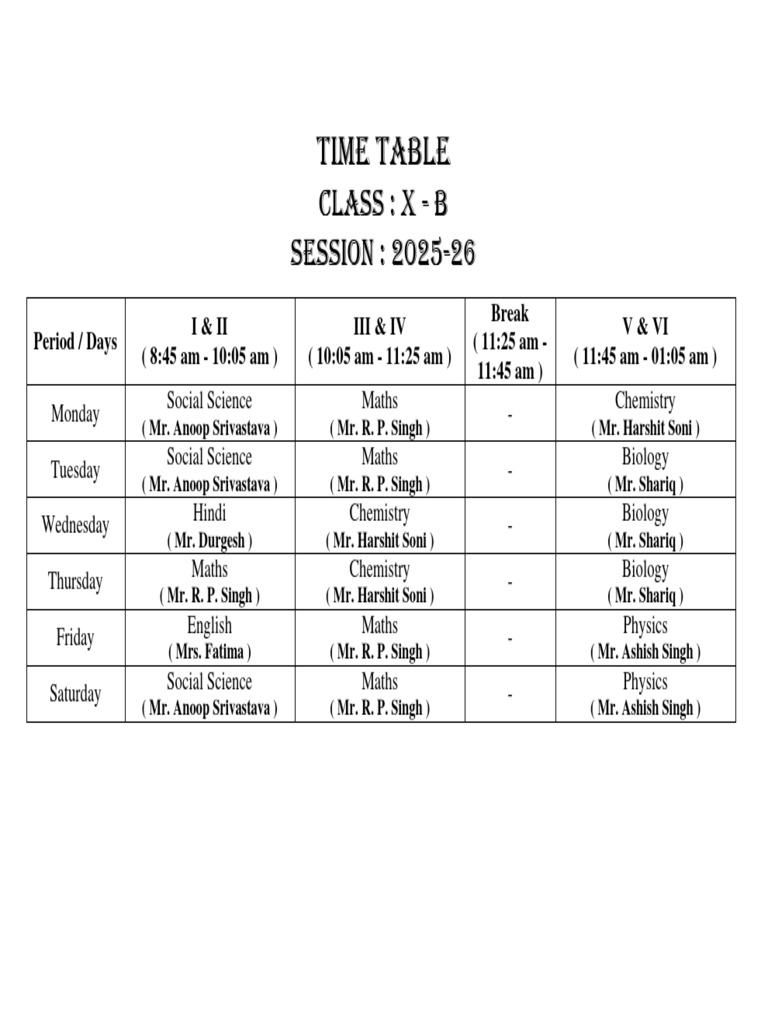 Class 10-B Time Table-1 | PDF