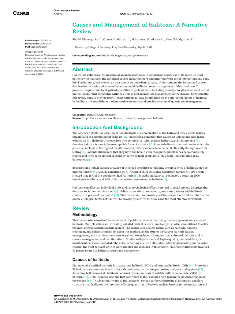 Halitosis: Causes and Management Review | PDF | Oral Hygiene | Medical ...