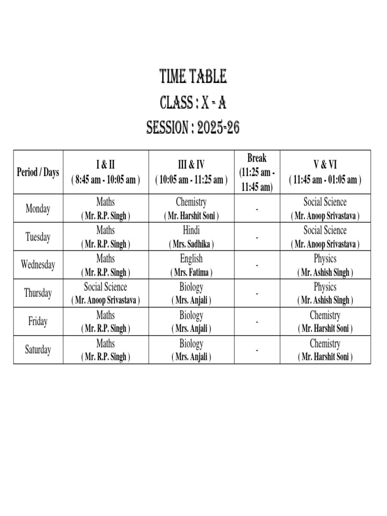 Class X-A Timetable 2025-26 | PDF