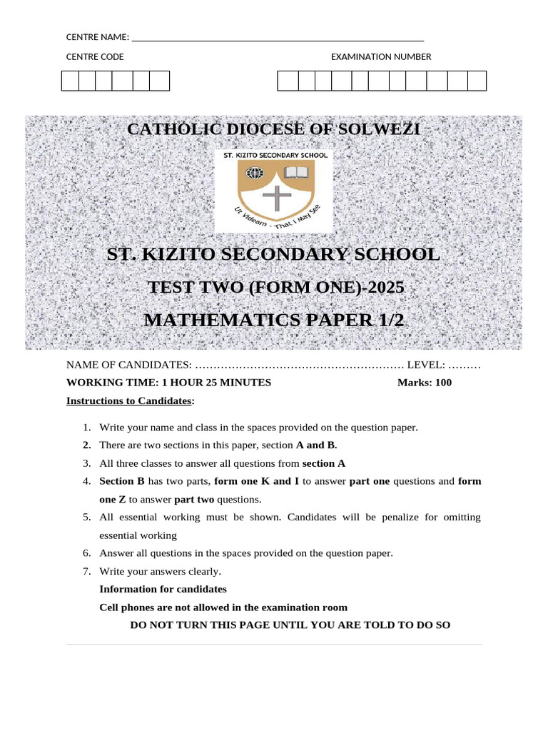 Form One Mathematics Test Paper 2025 | PDF | Mathematics