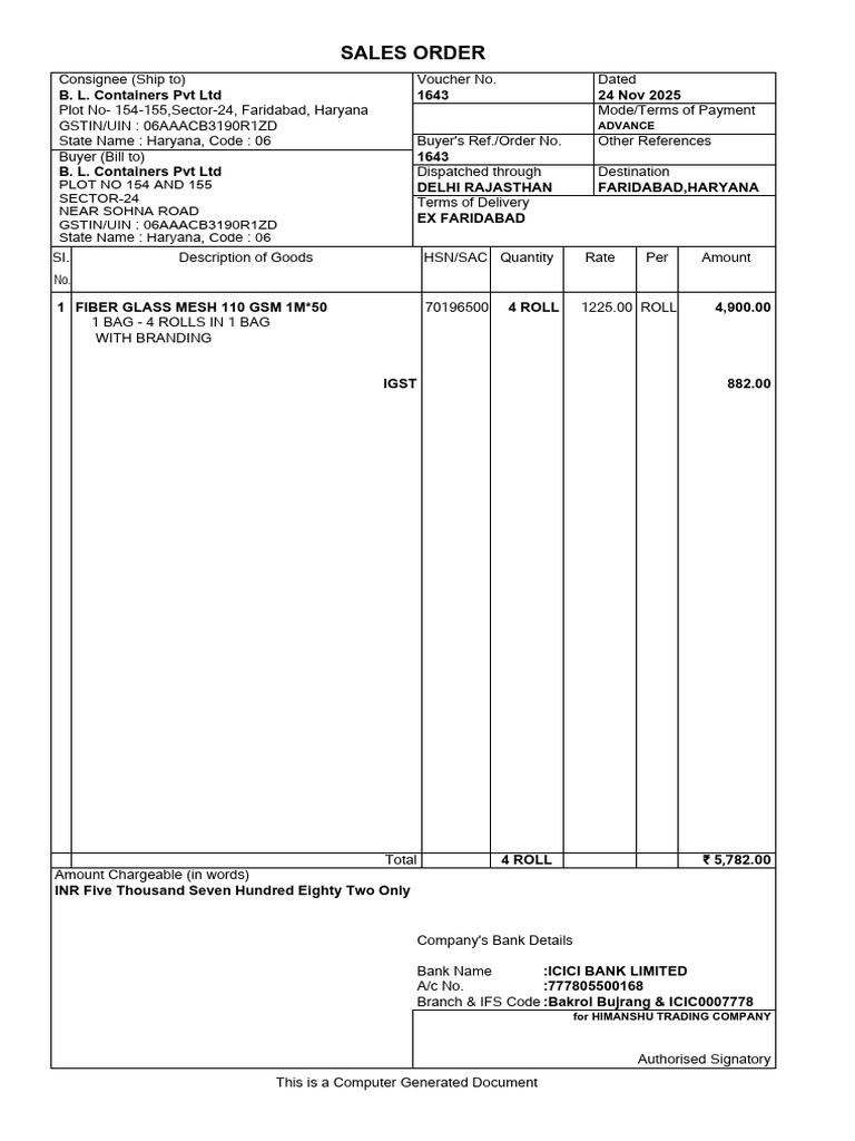 Sales Order for B. L. Containers Pvt Ltd | PDF