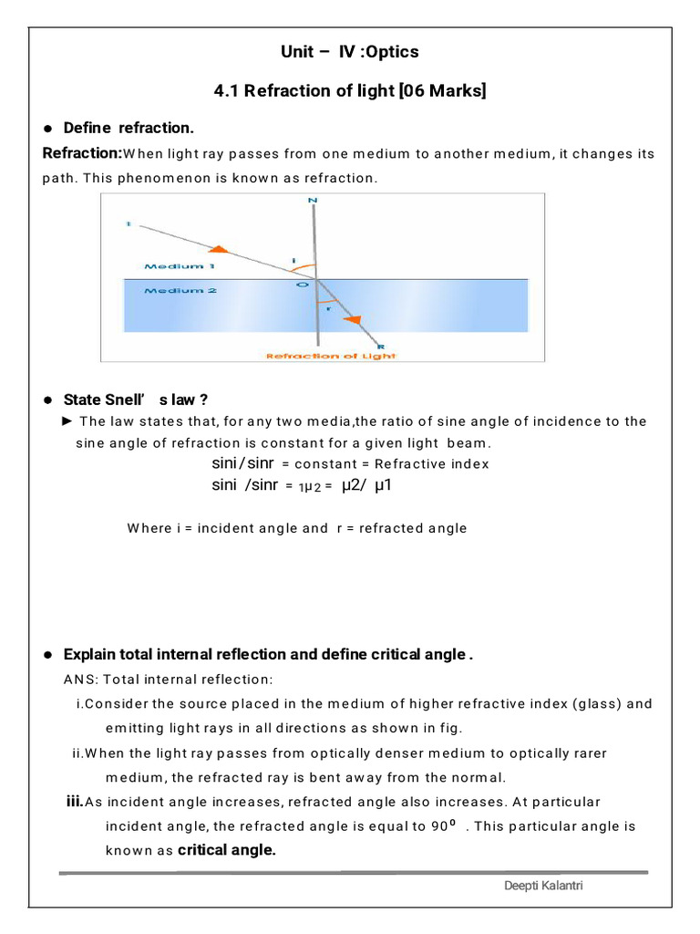Unit - IV:Optics 4.1 Refraction of Light (06 Marks) | PDF | Atomic ...