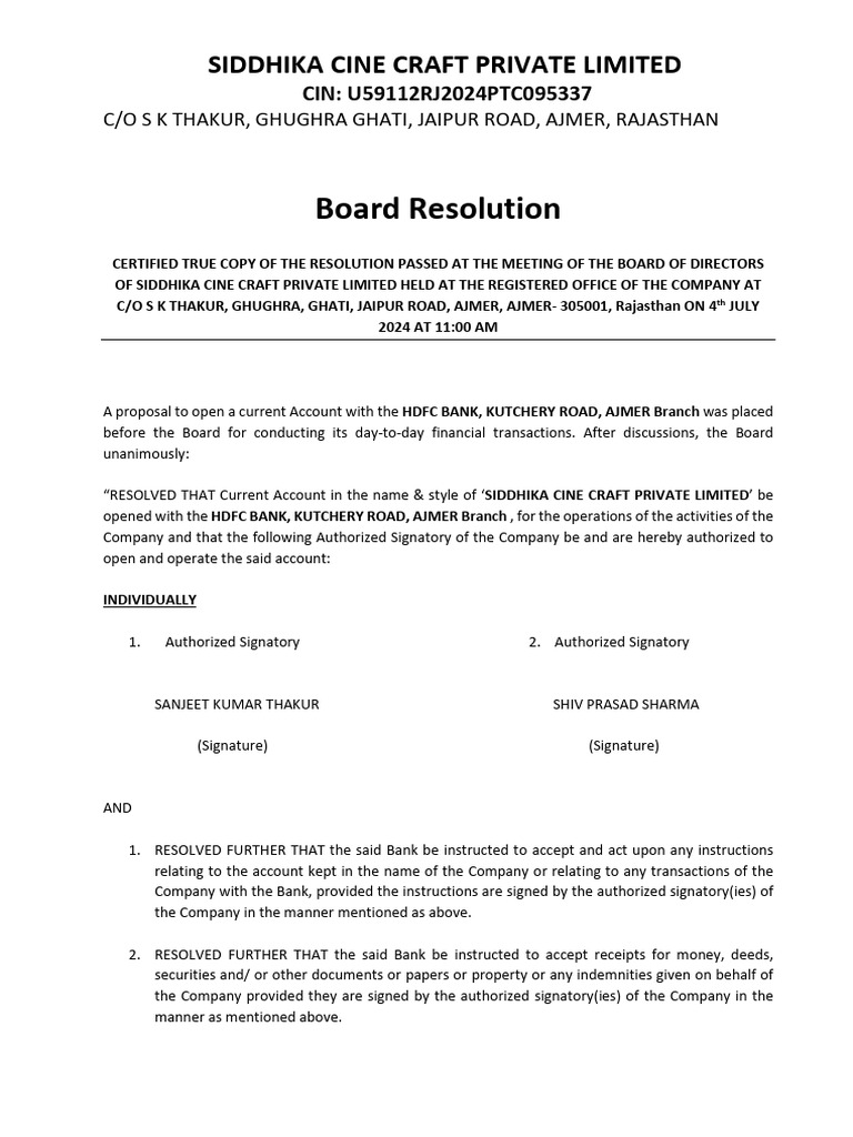 Bank Account Opening Resolution | PDF | Overdraft | Banks