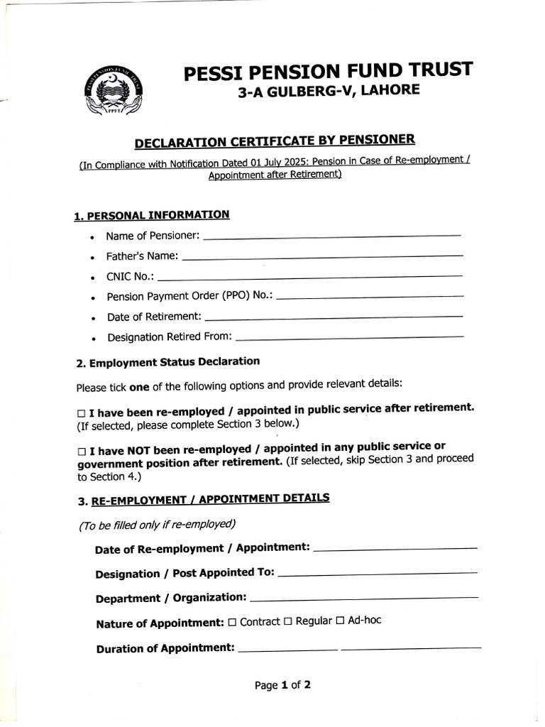 Declaration Certificate by Pensioners | PDF
