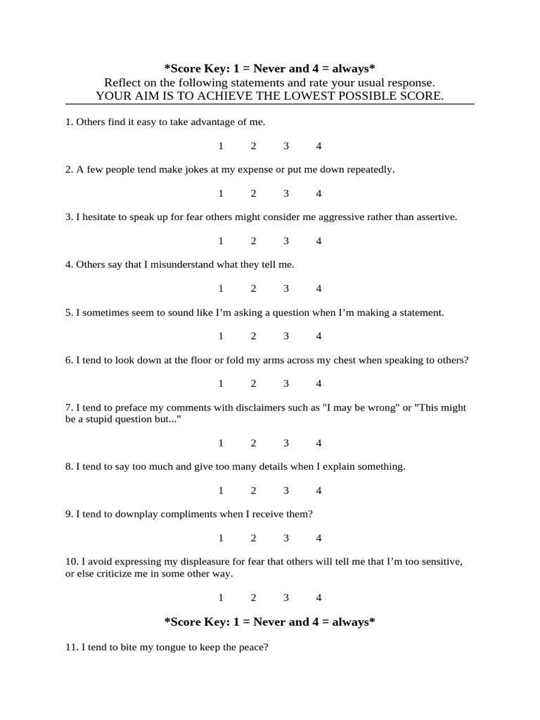 Assertiveness Assessment-With Score Key | PDF | Social Psychology | Behavioural Sciences