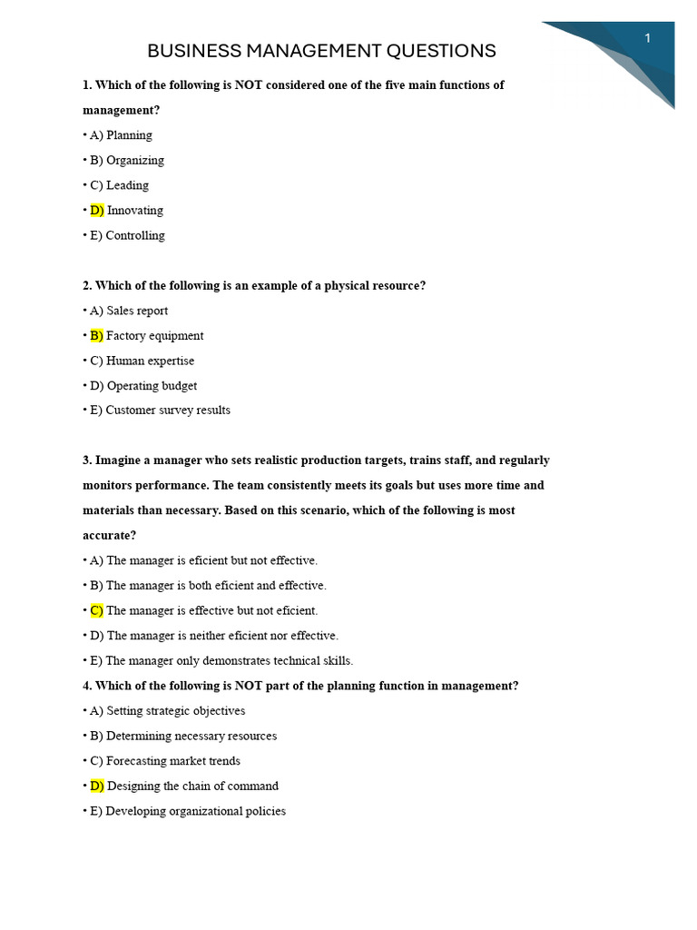 BUSINESS MANAGEMENT QUESTIONS Reviewed Reorganized by Lecturer | PDF ...
