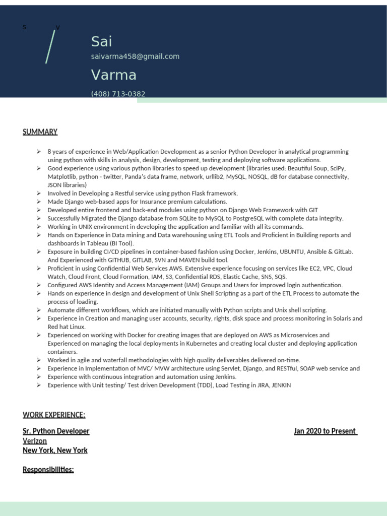 Sai Varma Sr. Python Developer | PDF | Python (Programming Language) | Web Service