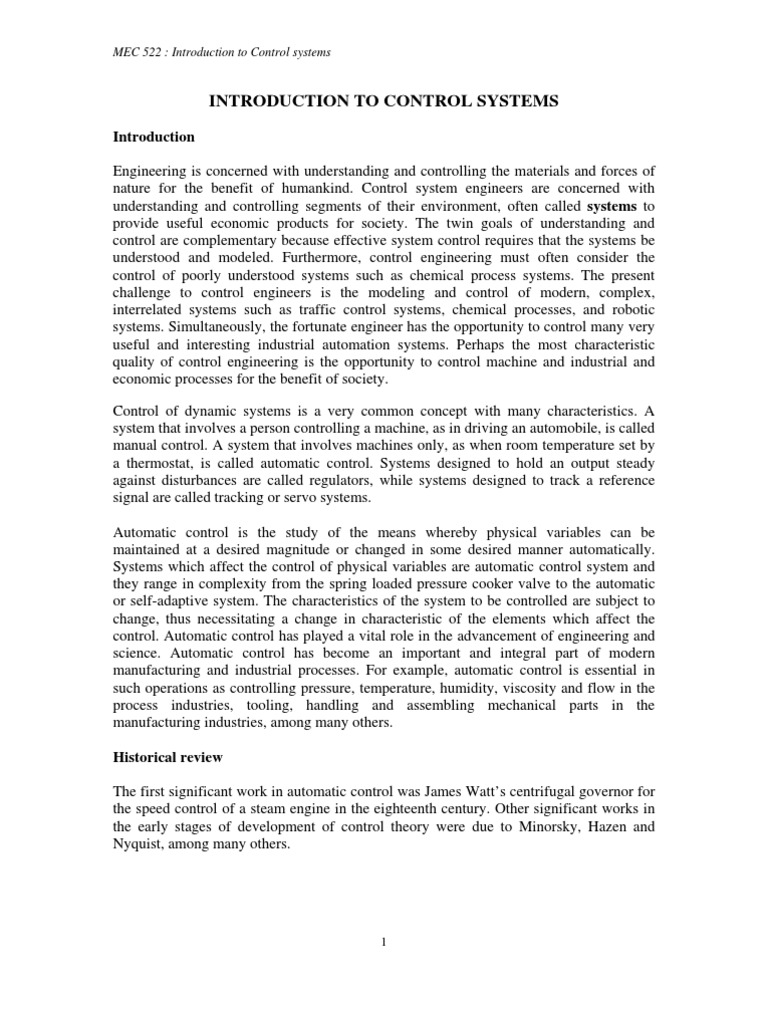 Ch1 Introduction To Control Systems Pdf Control Theory Control System
