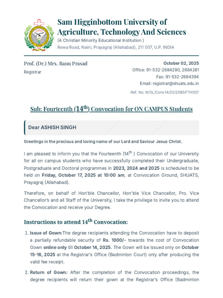 SHUATS 14th Convocation Details 2025 | PDF