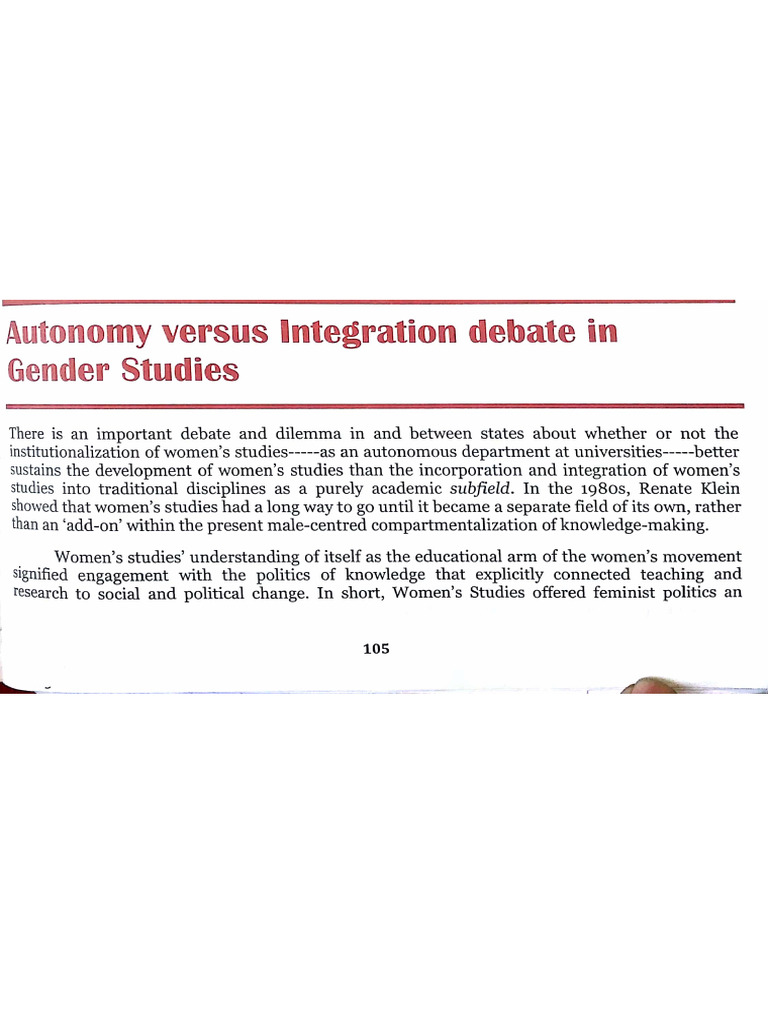 3 Autonomy Vs Integration Debate in Gender Studies | PDF
