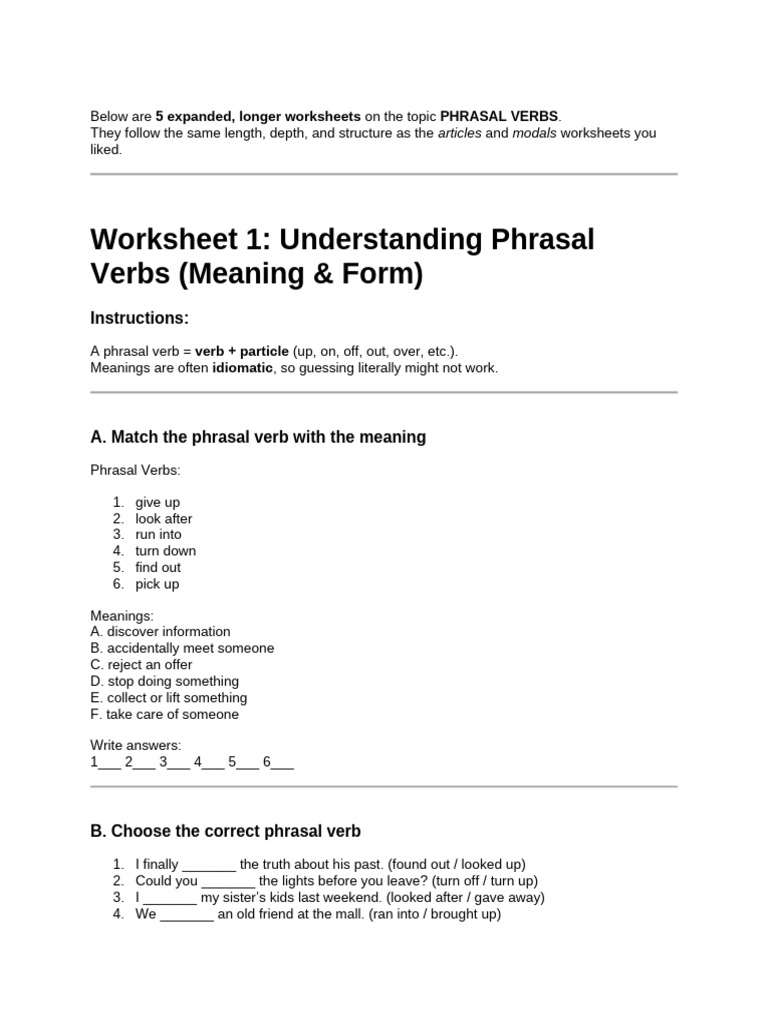Worksheet 1: Understanding Phrasal Verbs (Meaning & Form ...