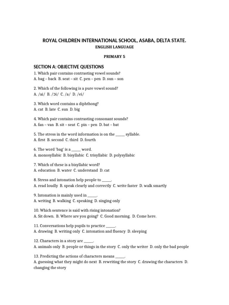 English Exam Primary | PDF | Syllable | Hygiene