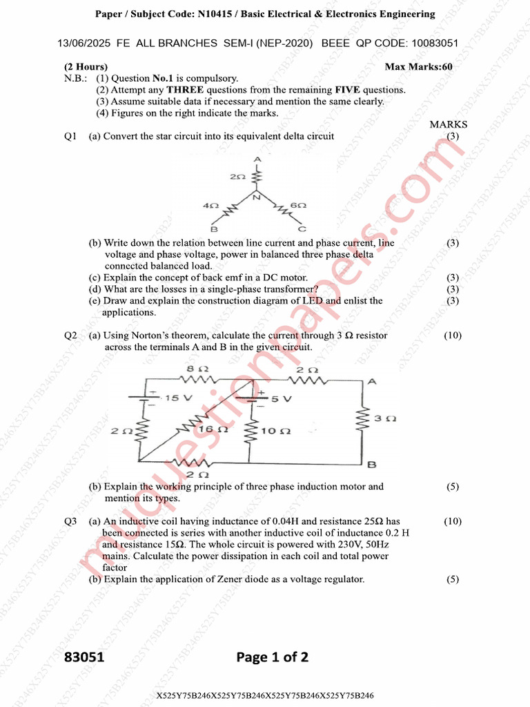 Be First Year Engineering Semester 1 2025 May Basic Electrical ...