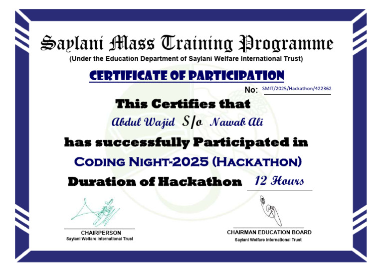Saylani Mass Training Programme: Certificate of Participation | PDF