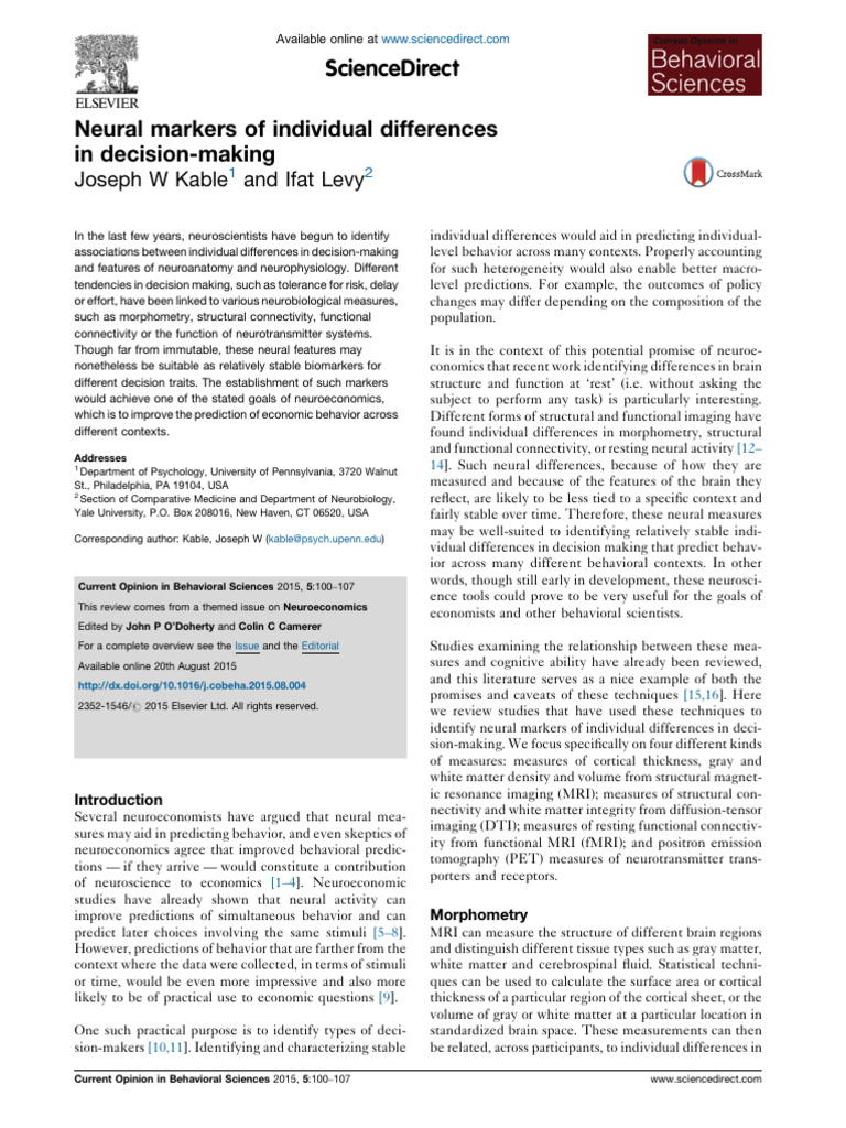 Neural Markers of Individual Differences in Decision-Making | PDF ...