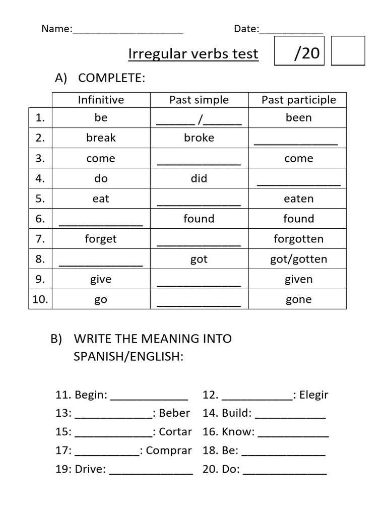 Irregular Verbs Test Worksheet | PDF