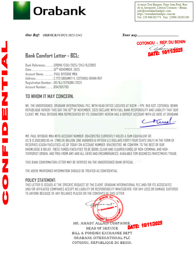Orabank Comfort Letter (1) - 251110 - 121611 | PDF | Banks | Investing