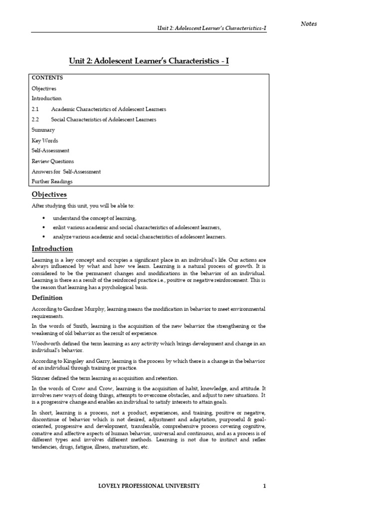 Adolescent Learner Characteristics Overview | PDF | Adolescence | Learning
