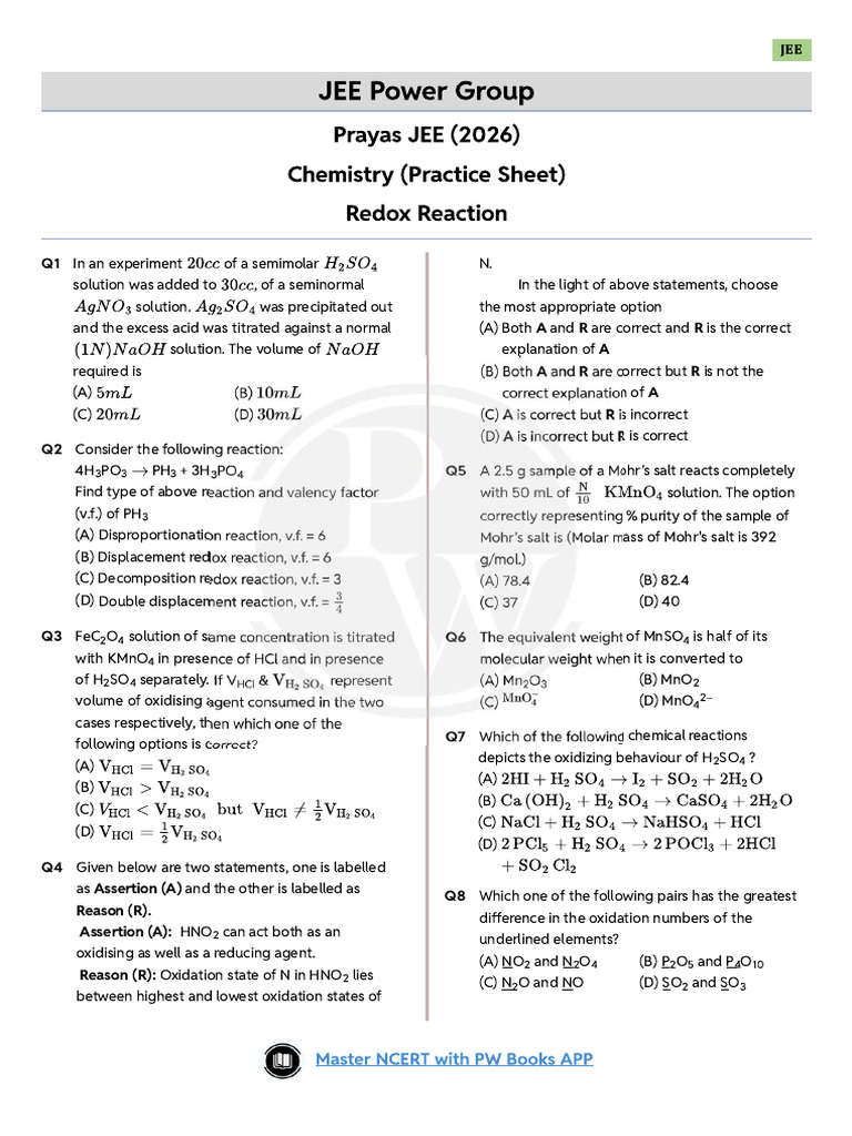 Redox Reaction Practice Sheet | PDF