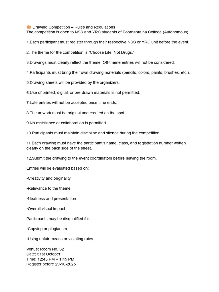 Poornaprajna Drawing Competition Rules | PDF
