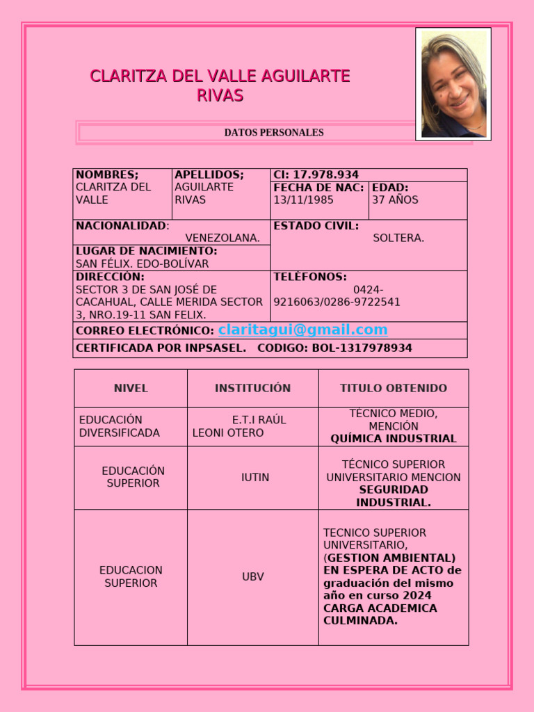 Claritza Aguilarte Curriculum 2024-Noviembre | PDF | Seguridad y salud ...