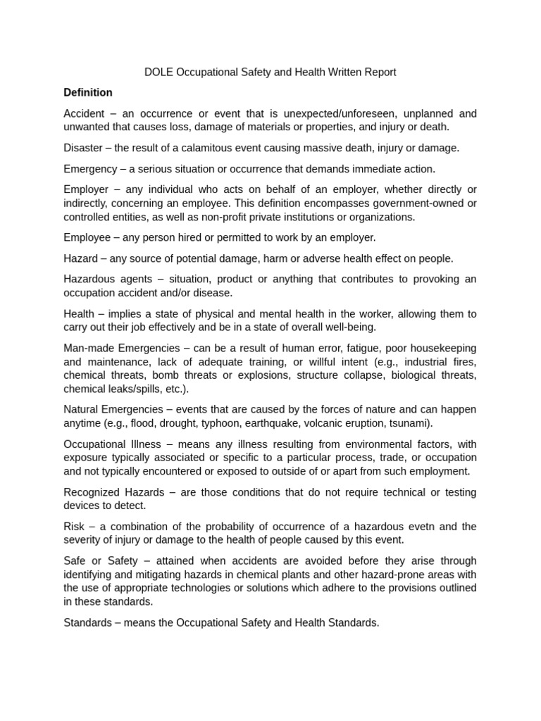 DOLE Occupational Safety and Health Written Report | PDF | Occupational ...