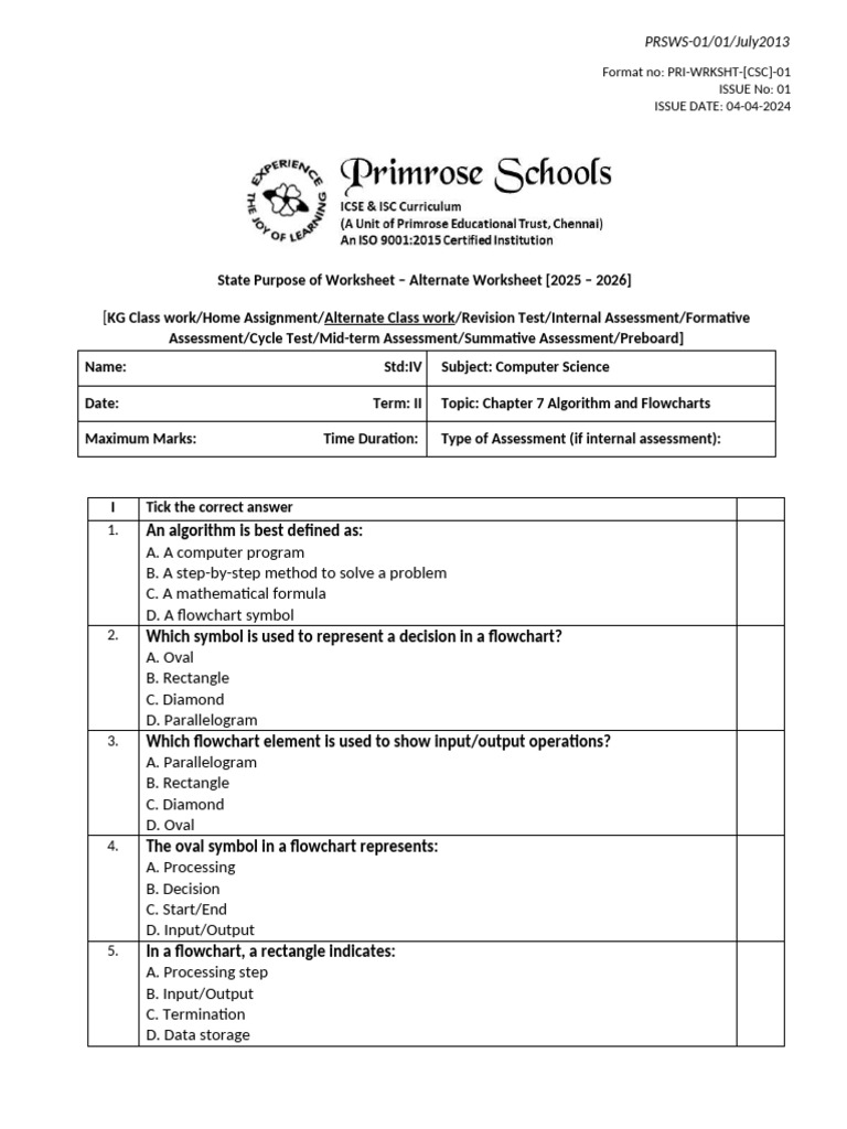 Ch7 Algorithm and Flowchart Worksheet Answer Key | PDF | Algorithms ...
