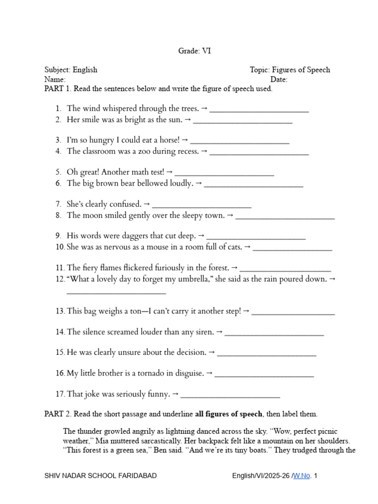 Figures of Speech Grade VI With Answer Key | PDF | Meteorological Phenomena