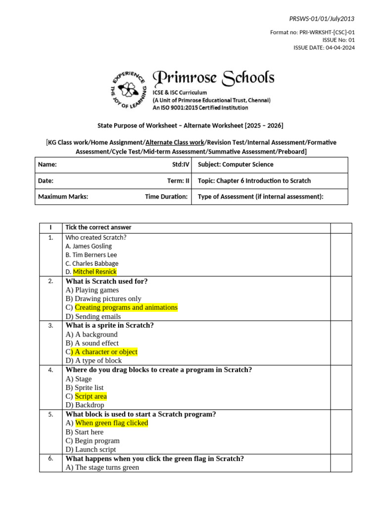 Ch6 Introduction to Scratch Worksheet Answer Key | PDF | Scratch ...