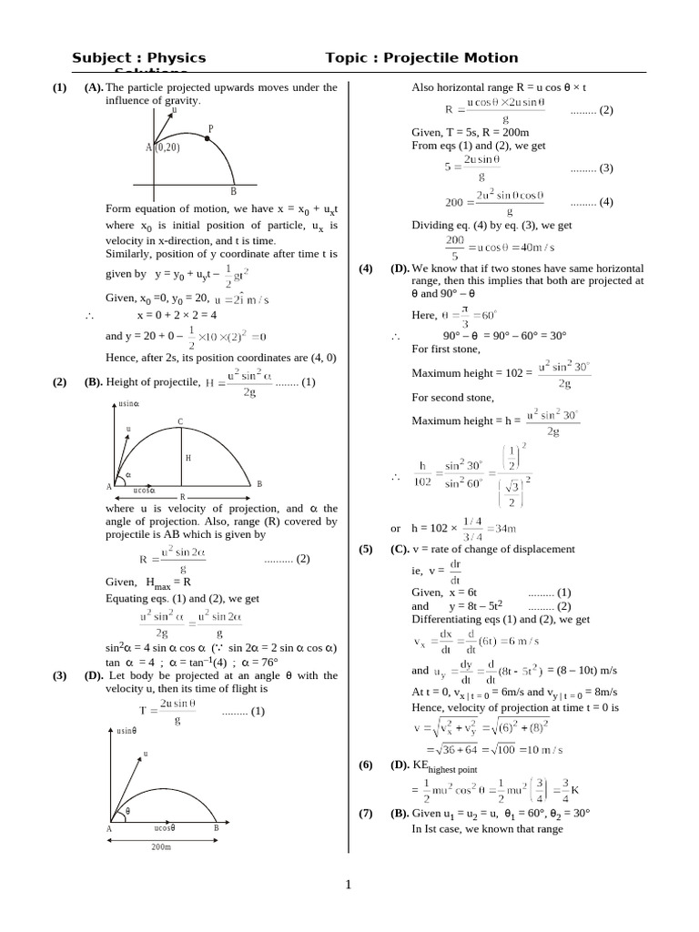 12th Phy (Projectile Motion) - Solutions | PDF | Projectiles | Motion (Physics)