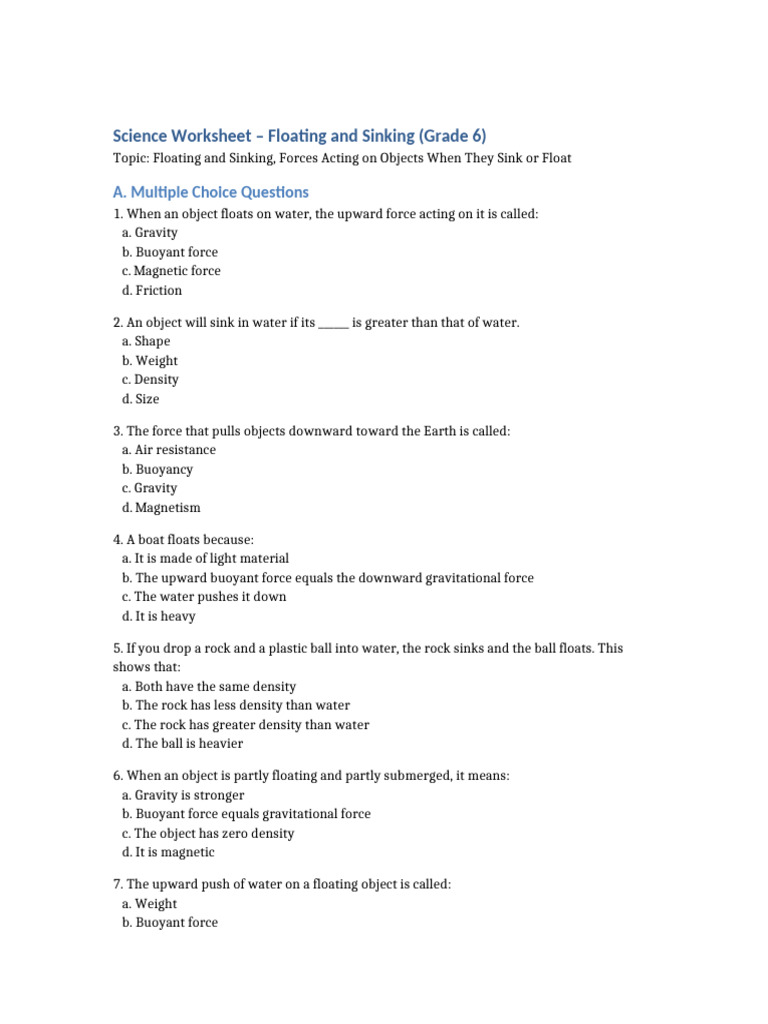 Grade 6 Floating and Sinking Worksheet | PDF | Buoyancy | Force