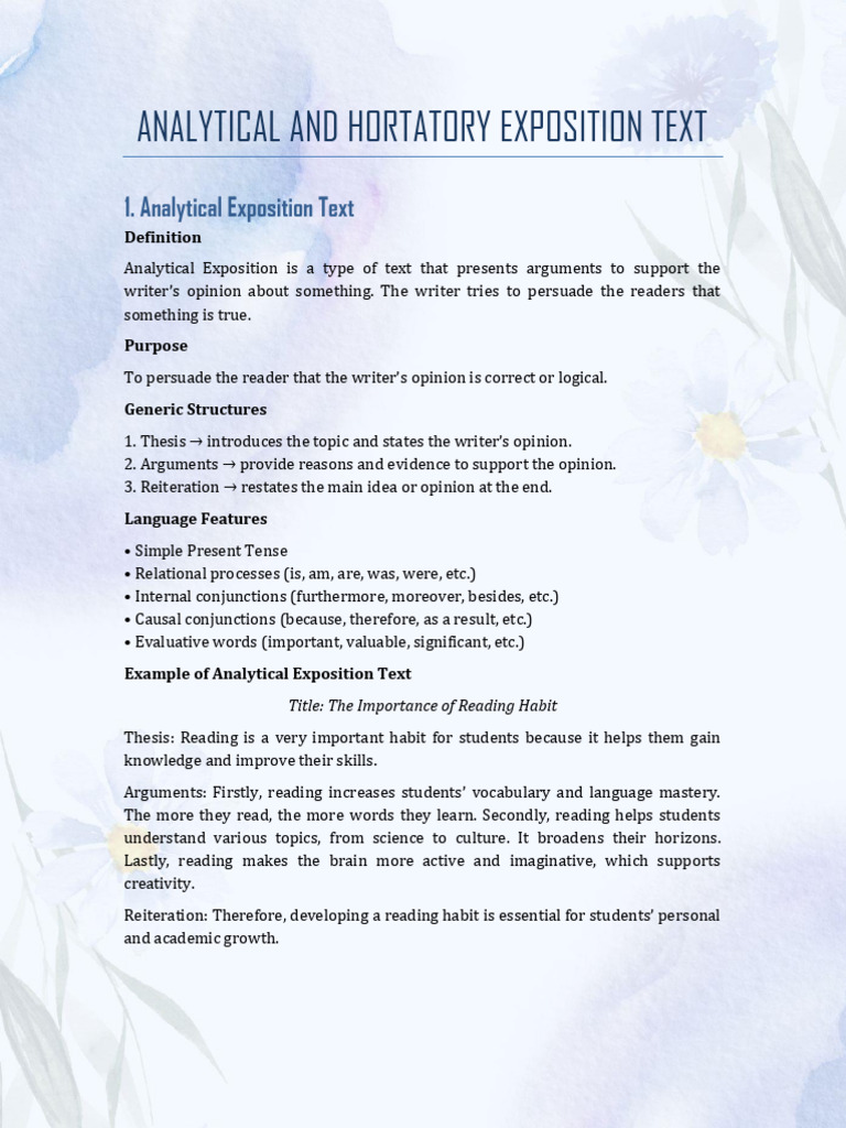 Expository Text Types: Analytical & Hortatory | PDF | Argument | Cognition