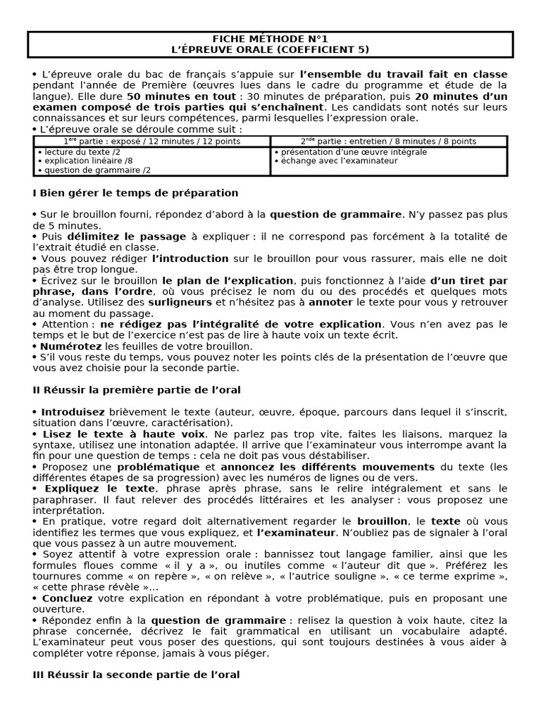 Fiche Oral Et Commentaire | PDF | Linguistique | Grammaire