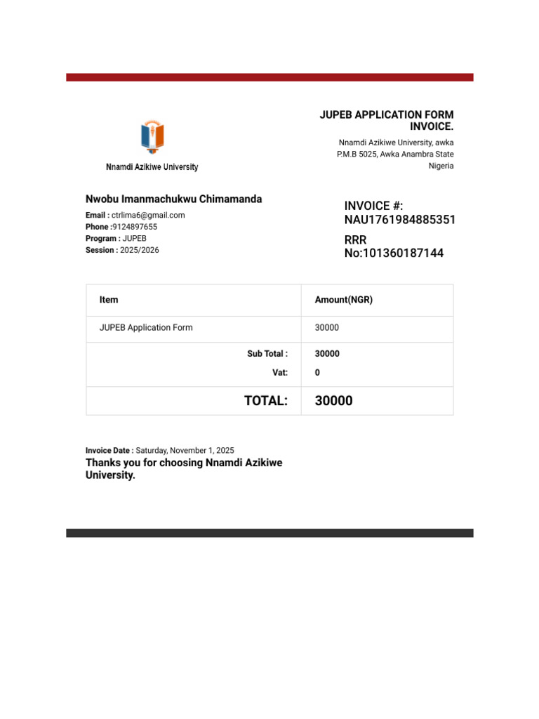 JUPEB Application Invoice | PDF