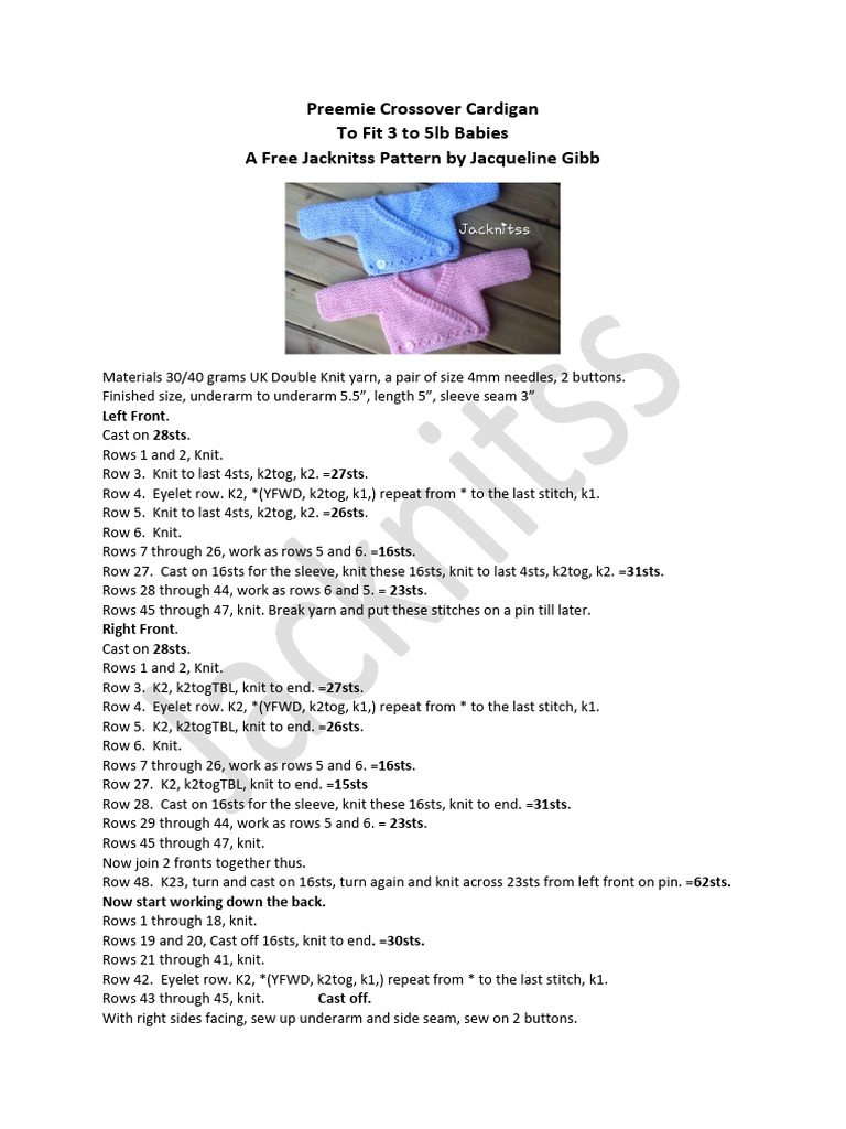Preemie Crossover Cardigan Pattern | PDF | Knitting | Wool
