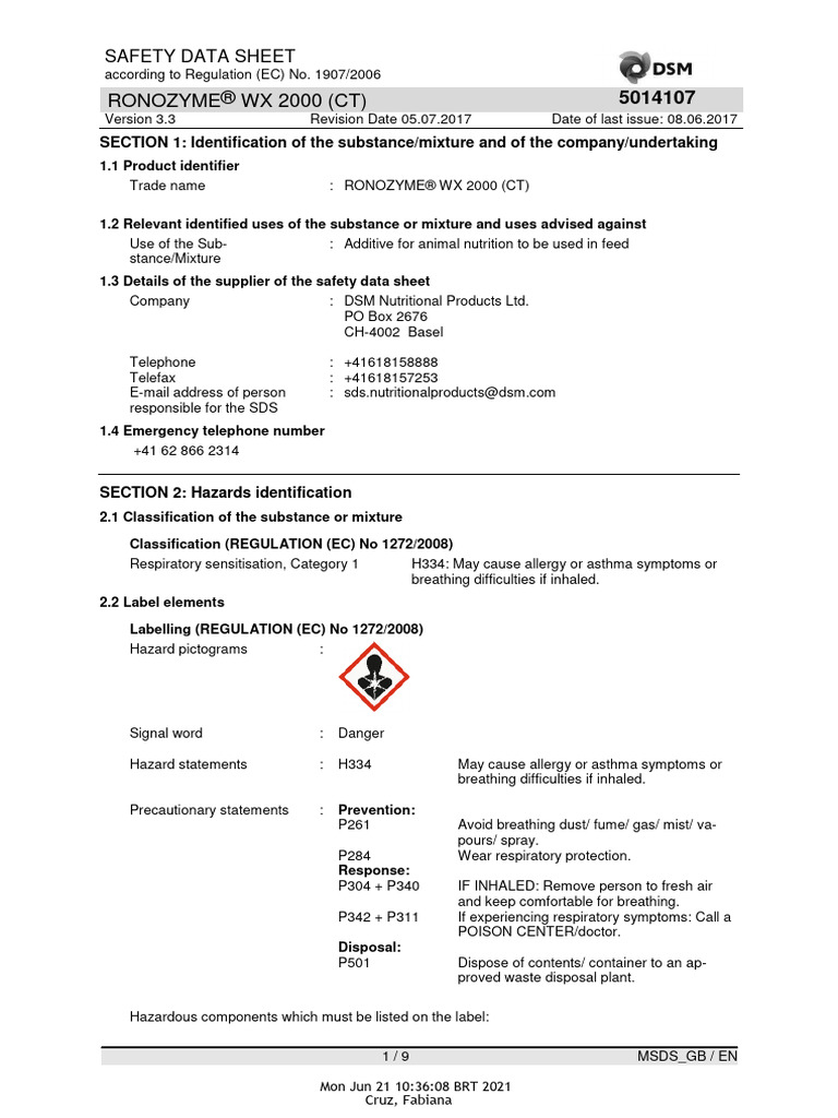 Fispq Ronozyme Wx2000 (CT) - Msds | PDF | Toxicity | Dangerous Goods