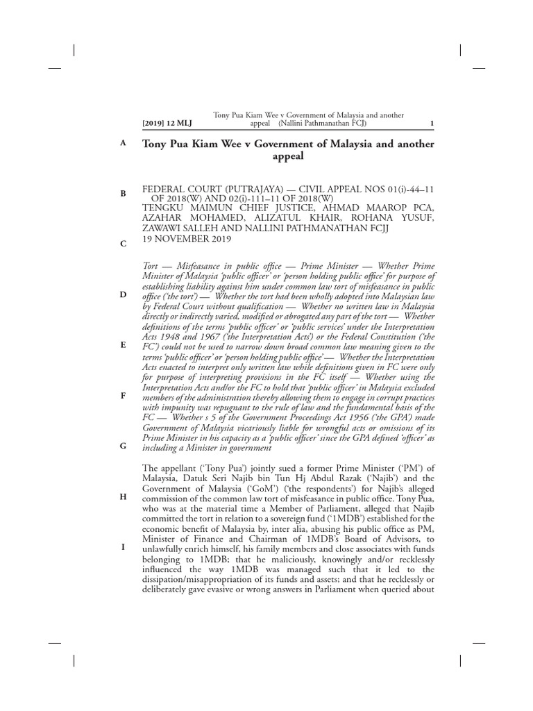 Tony Pua Kiam Wee V Government of Malaysia and Another Appeal | PDF ...