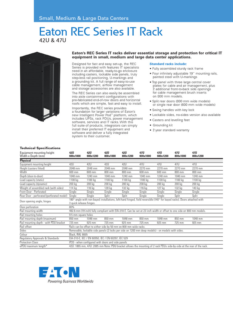 Eaton REC Series IT Rack 42U-47U - Datasheet | PDF | Door