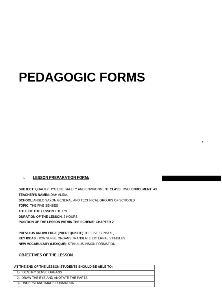 Qhse2 Pedagogic Forms Lesson Preparation | PDF | Eye | Senses