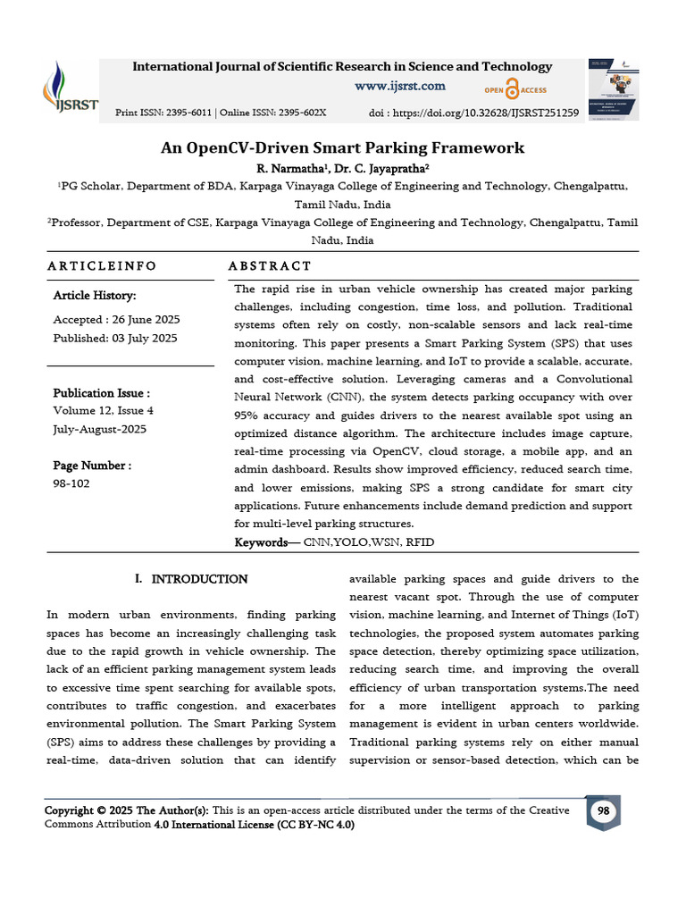 An OpenCV-Driven Smart Parking Framework | PDF | Parking | Analytics
