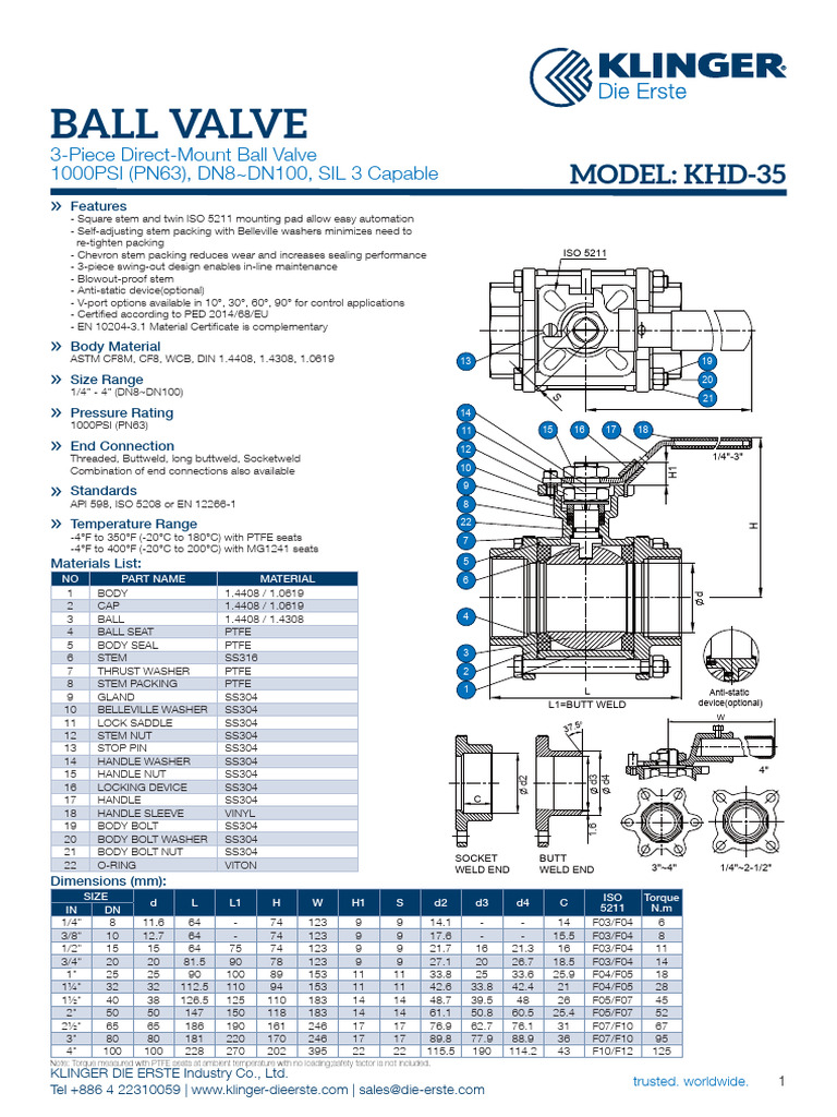 KHD-35 3-Piece Ball Valve Specifications | PDF | Washer (Hardware ...