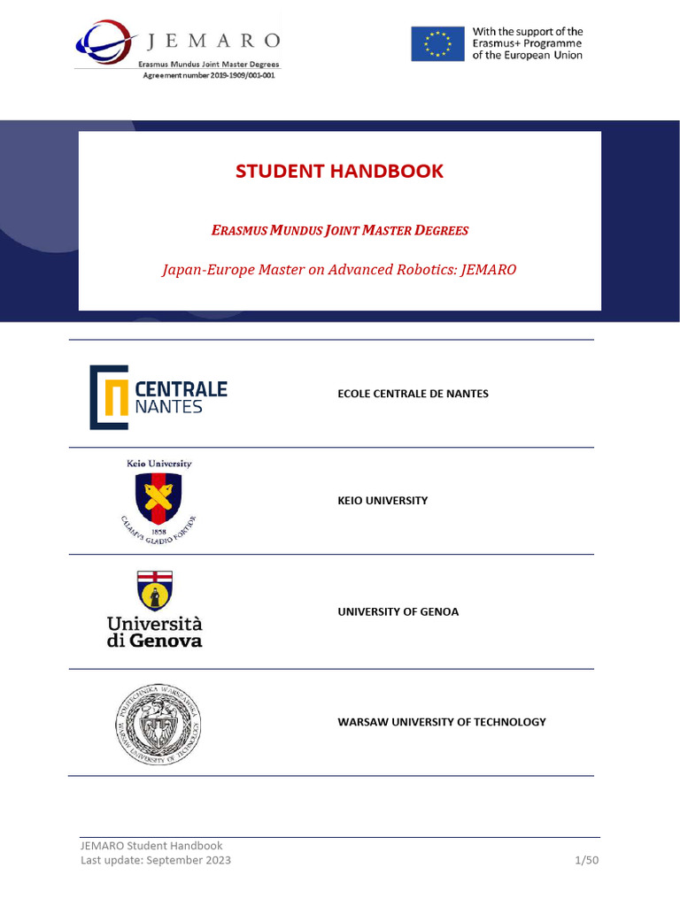 JEMARO Erasmus Mundus Student Handbook | PDF | Kinematics | Control Theory