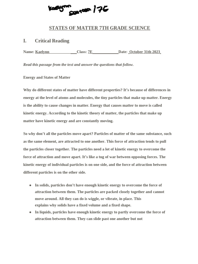 7th Grade Science State of Matter | PDF