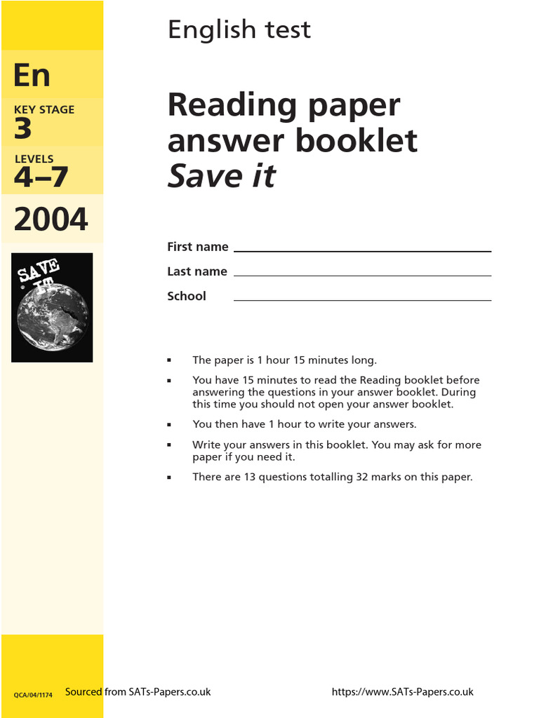 Ks3 English 2004 Reading Answer Booklet | PDF