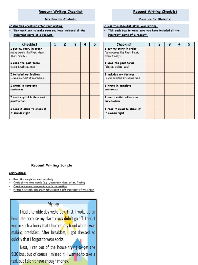Recount Writing Checklist Handout G3 | PDF | Syntax | Language Mechanics