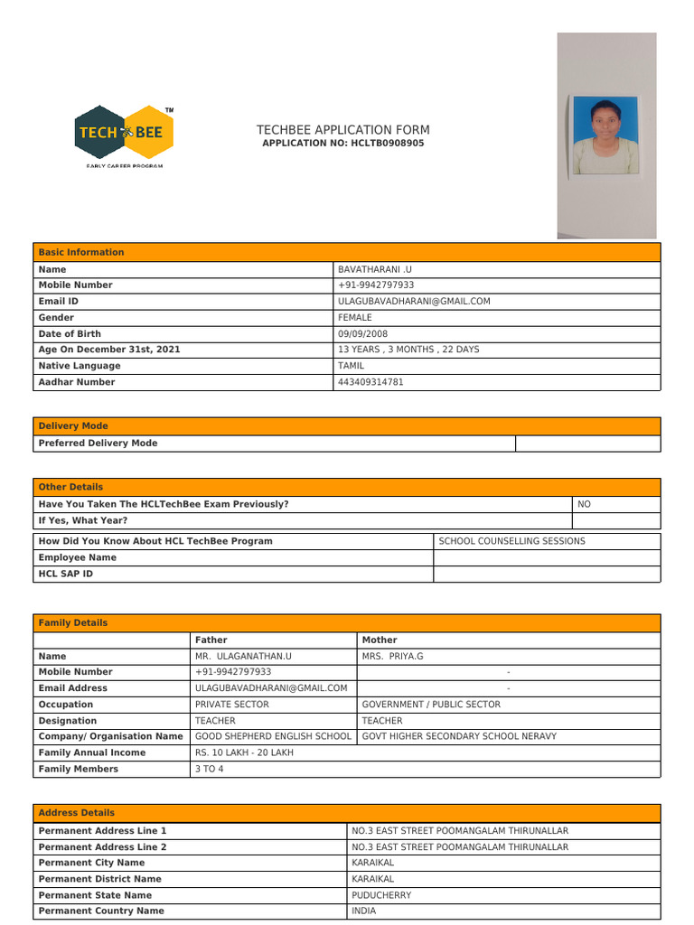 HCL TechBee Application Form Details | PDF