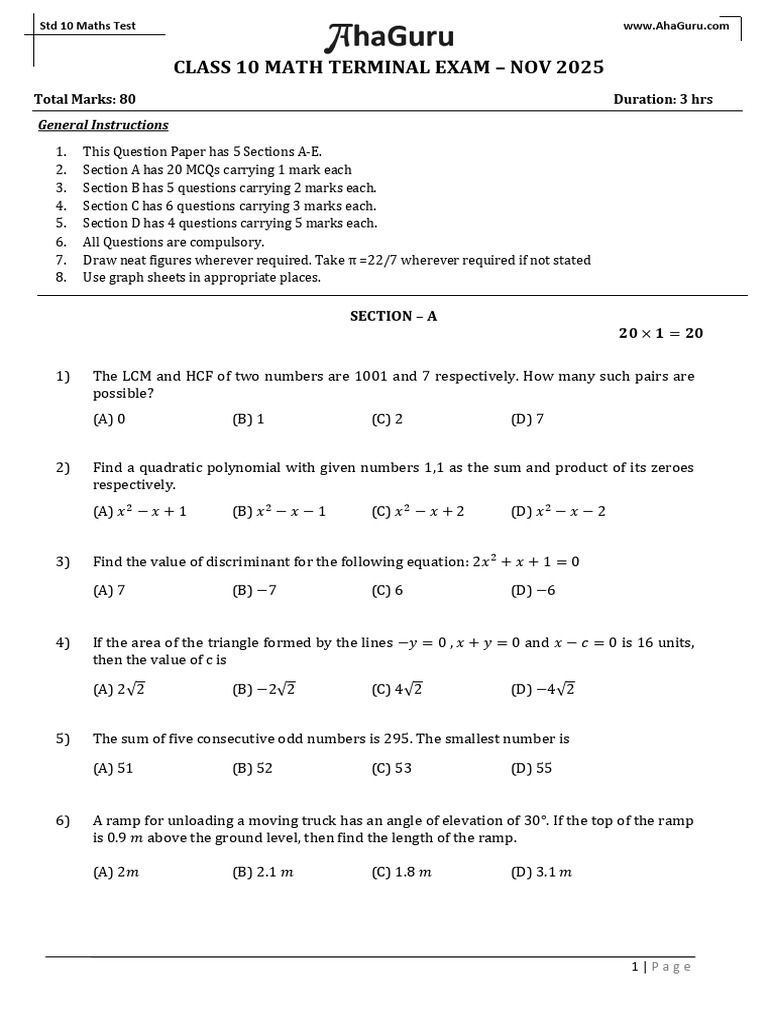ModelExam - Std10MathCBSE Model Exam QP 9 Nov 2025 | PDF | Polynomial | Quadratic Equation